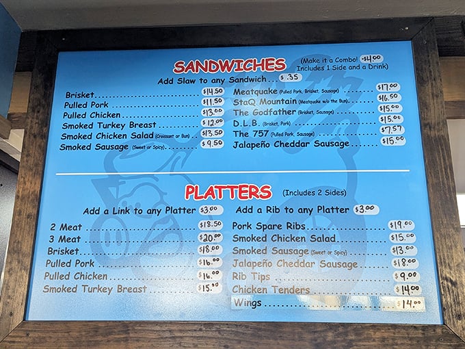 A menu board that cuts to the chase – meat, sides, and combinations thereof. The only math problem you'll enjoy solving.