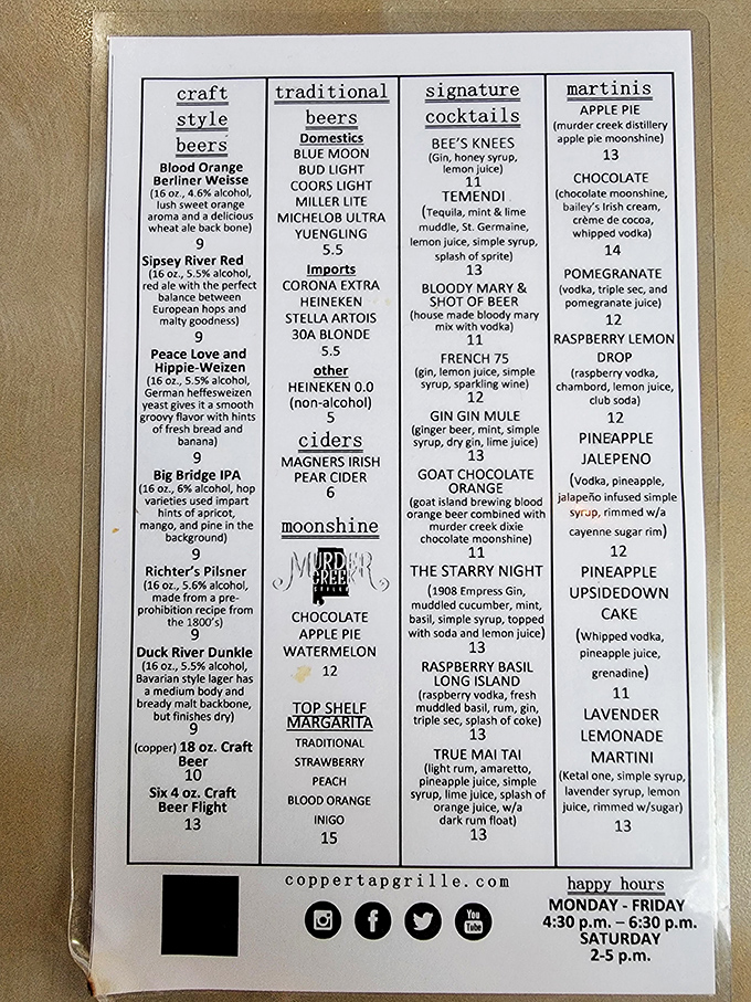 This drink menu reads like a love letter to libation enthusiasts—from craft beers to moonshine concoctions that'll make you forget you ever ordered boring drinks.