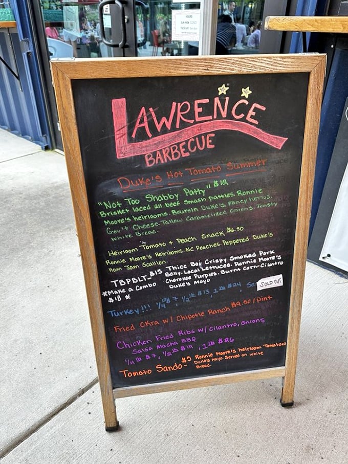 This chalkboard menu isn't just a list—it's a roadmap to happiness. Each colorful entry promises a different journey into smoke-kissed perfection. 