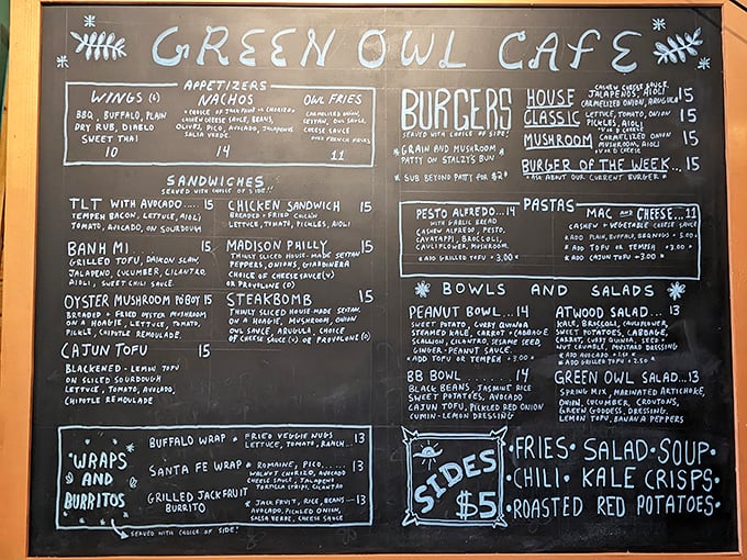 The chalkboard menu reads like a love letter to vegetarian comfort food—notice the Madison Philly holding court among the sandwiches.
