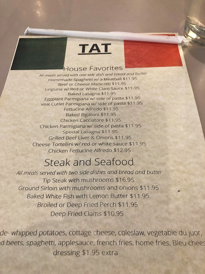 This menu isn't trying to reinvent pasta—it's perfecting classics that have comforted generations. The Italian flag says it all.