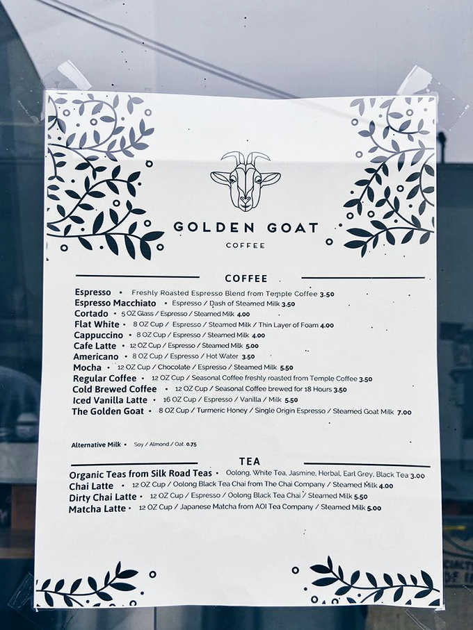 A menu that reads like poetry to coffee lovers. Temple Coffee beans, goat milk options, and that signature Golden Goat drink—turmeric, honey, and espresso that'll make you rethink everything.