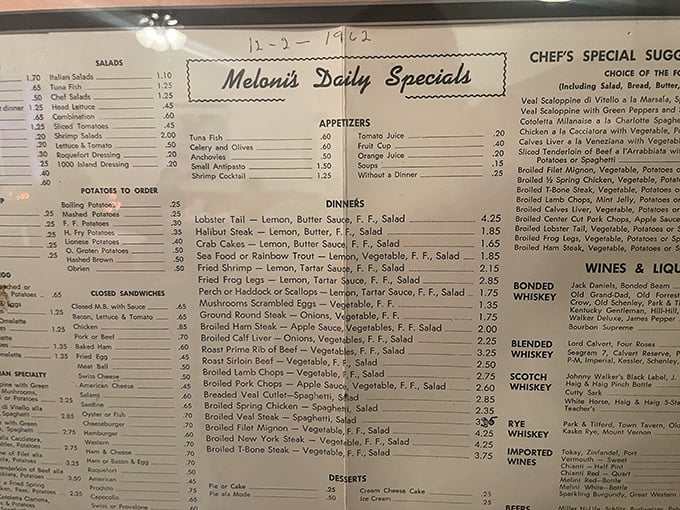 This vintage menu isn't just a list of dishes – it's a historical document showcasing the timeless appeal of classic American-Italian cuisine that defies culinary fads.