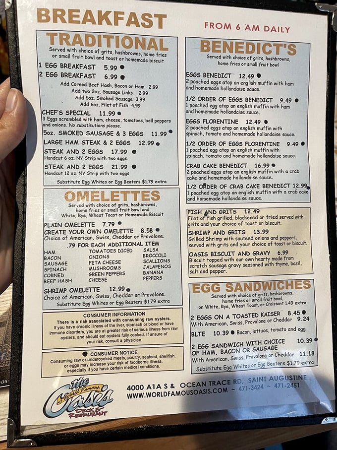 This breakfast menu isn't just food—it's a roadmap to happiness. The Eggs Benedict section alone deserves its own zip code.
