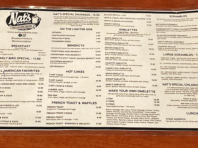 The menu at Nat's reads like a love letter to breakfast classics – each item executed with the confidence of decades of experience.