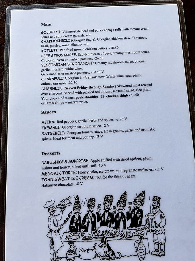 This menu reads like a delicious geography lesson. Golubsti, Chakhokhbili, and "Toad Sweat Ice Cream" – adventure awaits the brave and hungry.