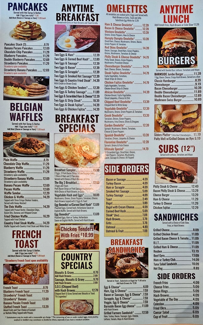 A menu that doesn't mess around—when breakfast options take up this much real estate, you know they mean business. 