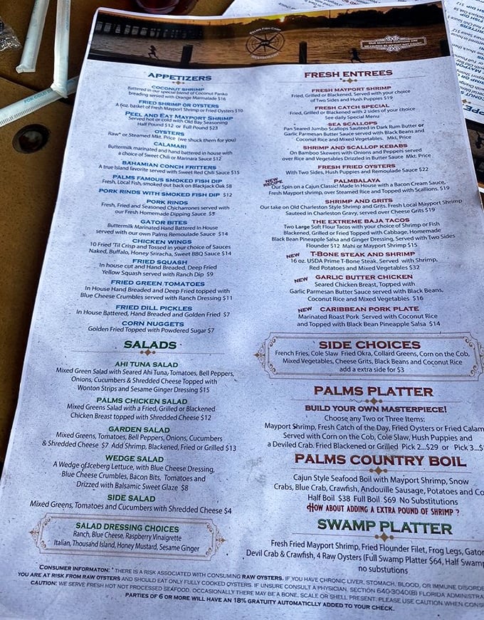 A menu that reads like a love letter to the sea. From Mayport shrimp to gator bites, deciding what to order might be the hardest work you'll do all day.