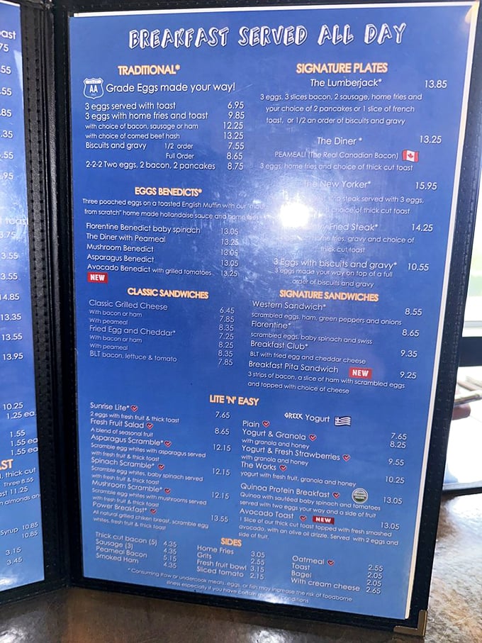 This menu reads like a love letter to breakfast classics, offering everything your hungry heart desires.
