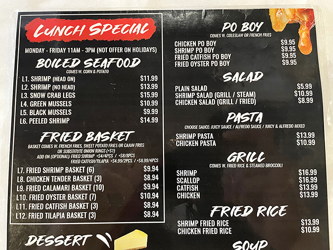 This menu is like a treasure map where X marks the spot for seafood nirvana. The fried oyster basket beckons like a siren's call.