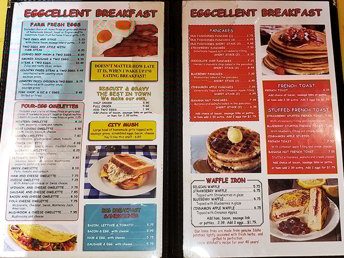 The menu doesn't just list food—it's a roadmap to happiness with "Eggcellent Breakfast" options that make decision-making the hardest part of your morning.