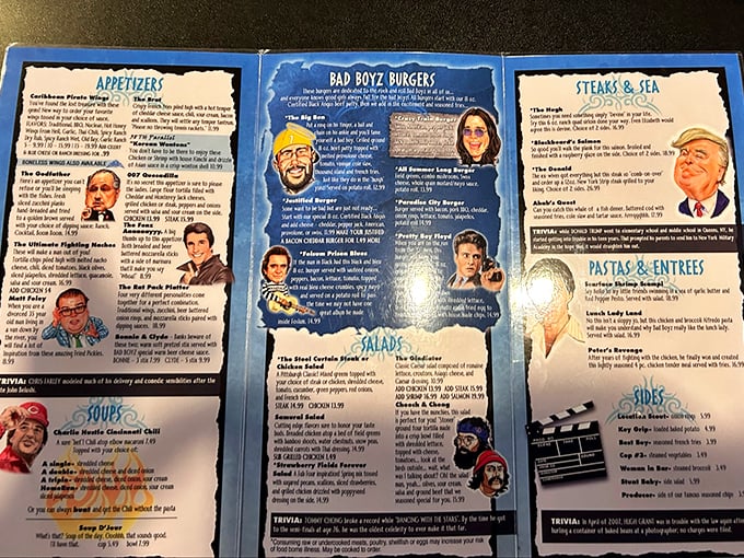 This isn't just a menu—it's a personality test. Your choice between "The Big Lebowski Burger" and "Caribbean Pirate Wings" reveals more than your hunger level.