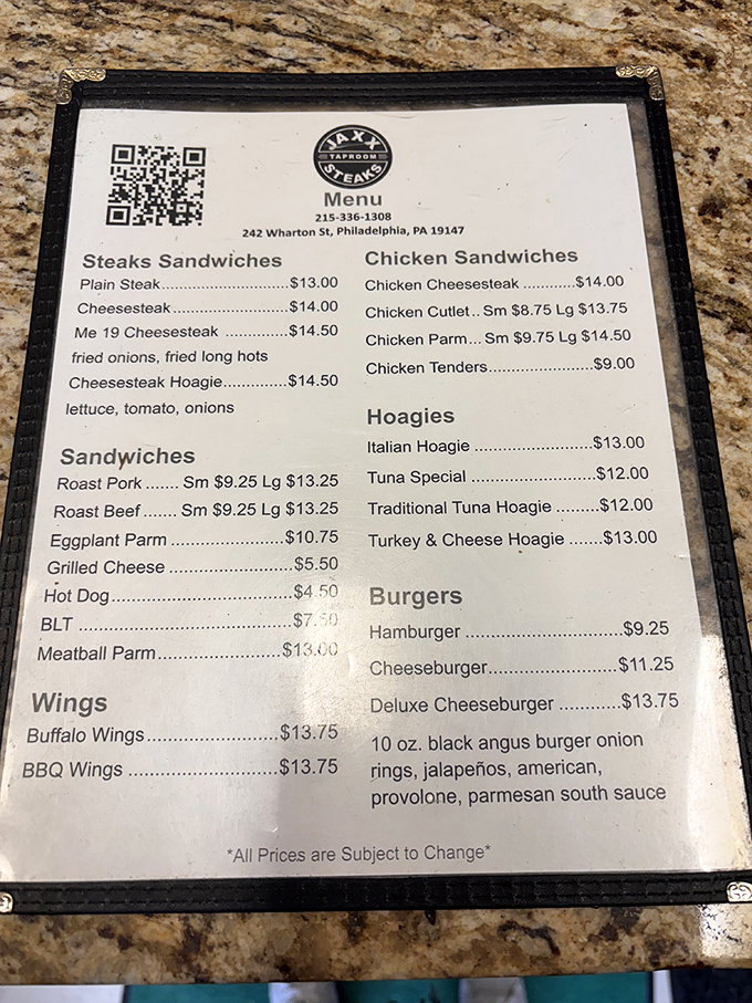 A menu that cuts right to the chase: cheesesteaks, hoagies, and burgers without pretension. Philadelphia comfort food that knows exactly what it is.