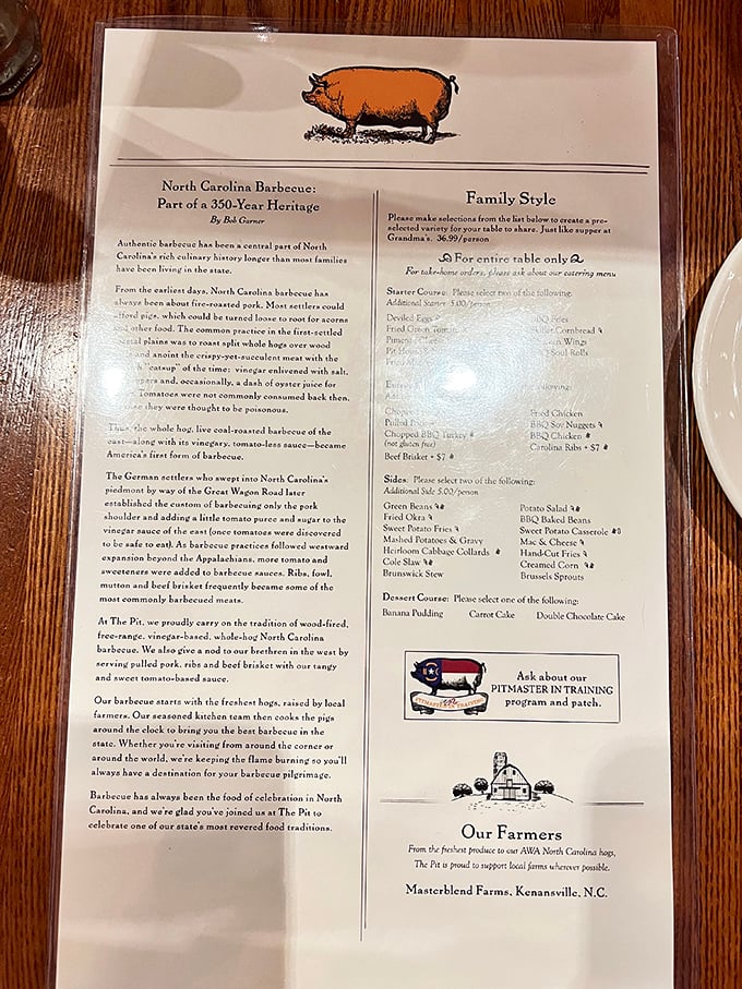 This menu isn't just a list of food—it's a historical document chronicling North Carolina's 350-year love affair with pork.