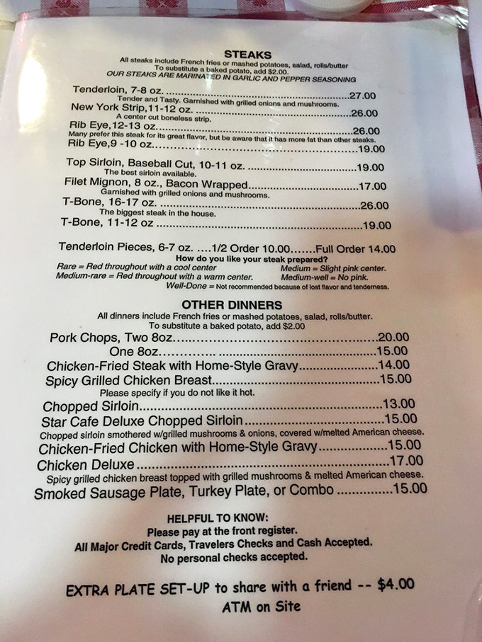 The menu reads like a love letter to carnivores – no fancy descriptions needed when the steaks speak this eloquently for themselves.