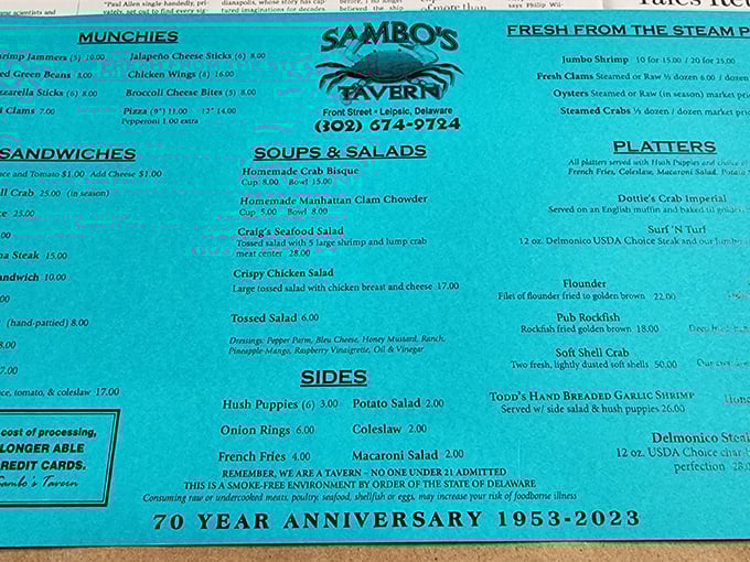 A menu that reads like a love letter to the Delaware Bay, celebrating seven decades of seafood traditions that locals have treasured since the Eisenhower era.