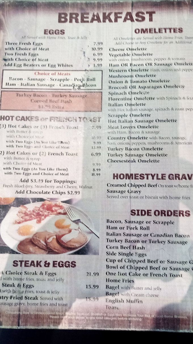 This menu isn't just a list of options—it's a roadmap to breakfast nirvana with enough choices to warrant multiple visits.