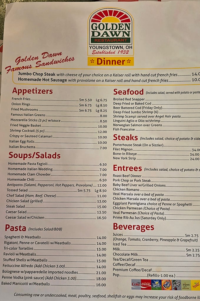 A menu that doesn't need fancy fonts or flowery descriptions—just honest food that's stood the test of time. The "Famous Sandwiches" aren't kidding around.