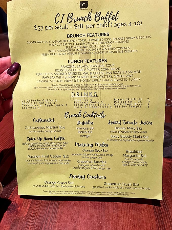 This menu isn't just a list – it's a roadmap to Sunday happiness with stops at Mimosa Town and Prime Rib Village.