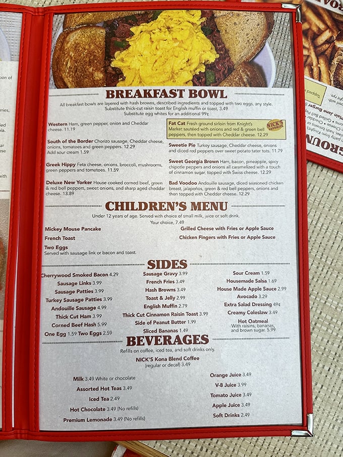 The menu at Nick's reads like a love letter to breakfast classics. Just looking at it makes your stomach growl in anticipation.