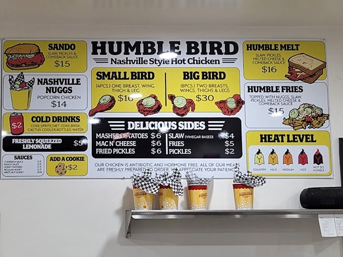 The menu board tells a spicy story—from "Country" (no heat) to "Humble Heat" (possibly life-altering)—with all the crispy, juicy possibilities in between.