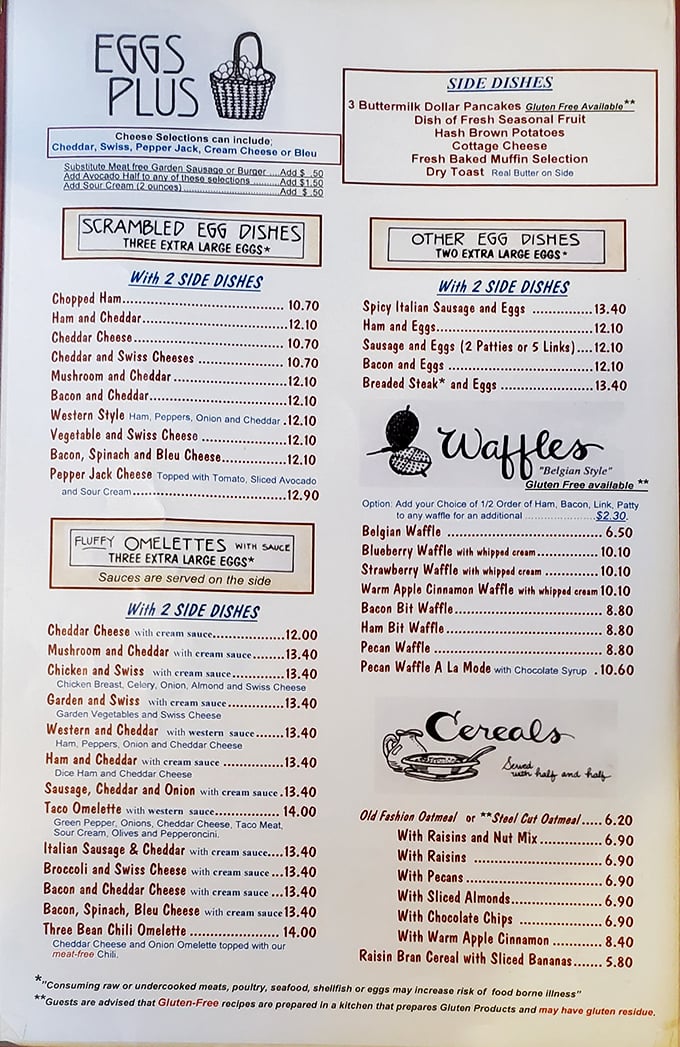 A menu that doesn't need QR codes or fancy fonts—just honest breakfast offerings that make decision-making the hardest part of your morning.