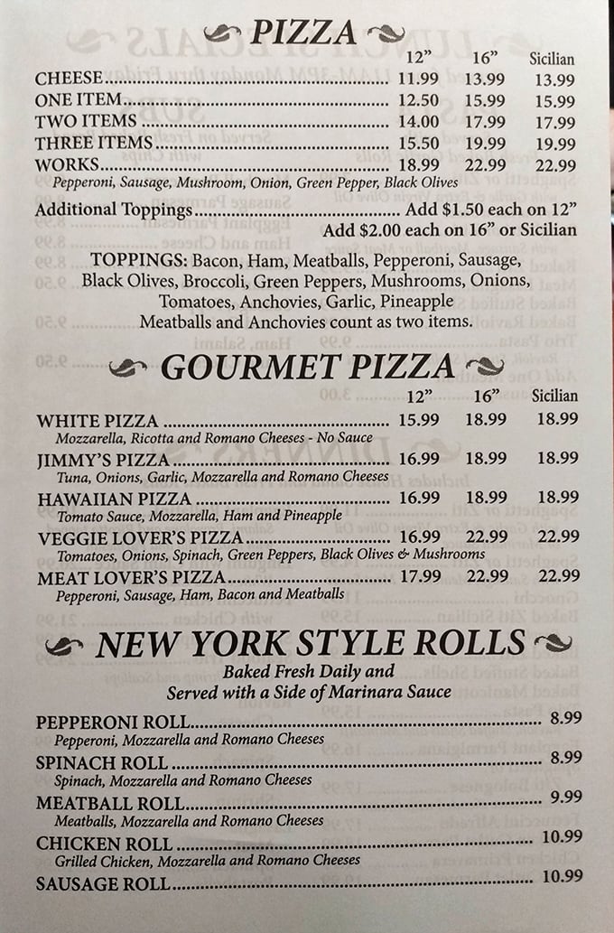 The pizza section reads like a love letter to cheese and dough. Jimmy's signature tuna pizza might raise eyebrows, but trust me—it's the culinary plot twist you didn't know you needed.
