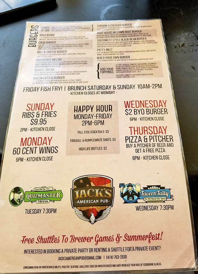 This menu reads like a love letter to American comfort food, featuring daily specials that locals plan their weeks around.
