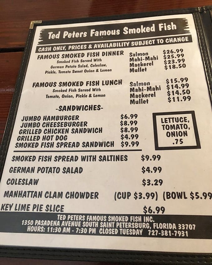 A menu so straightforward it's practically a manifesto for simplicity. No foam, no fusion, no fuss—just smoked fish perfection that speaks for itself. 
