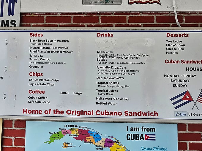 The menu wall tells no lies—this is serious sandwich business. "Home of the Original Cubano" isn't just a slogan, it's a delicious promise.