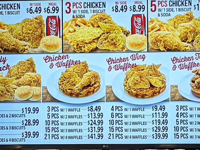 The menu board reads like a love letter to fried chicken enthusiasts, with combinations to satisfy every level of hunger from peckish to ravenous.