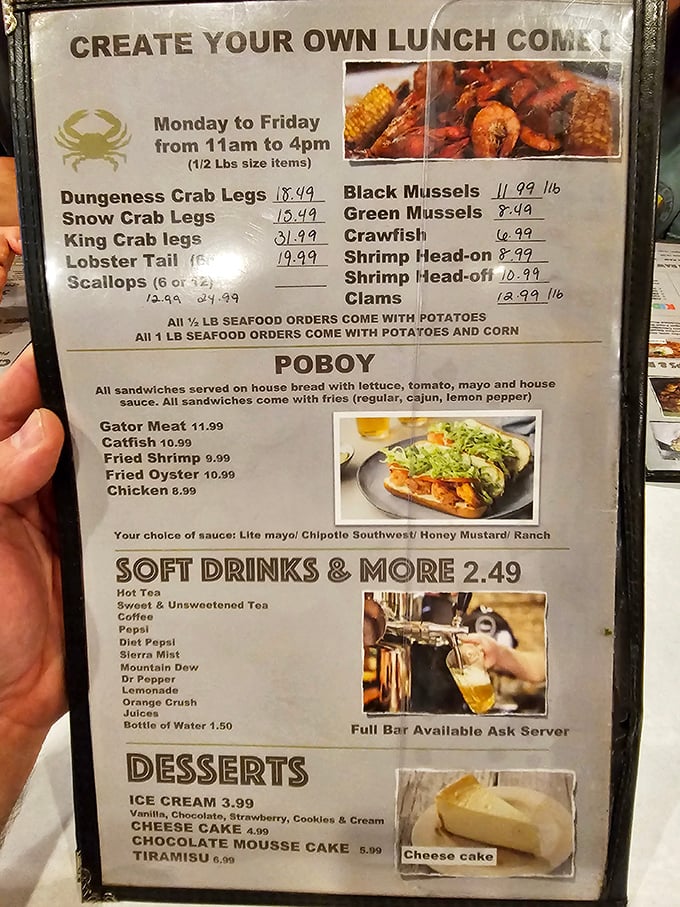 This isn't just a menu—it's a treasure map. X marks the spot where Dungeness crab legs and gator meat po'boys await the adventurous.