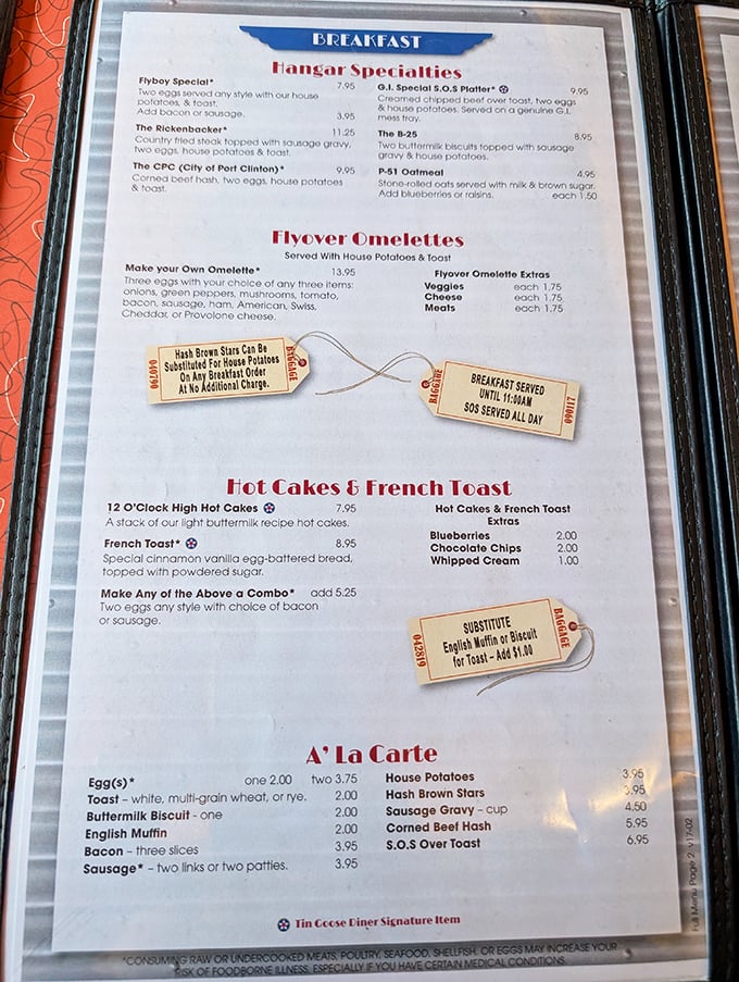 This isn't just a menu—it's a roadmap to happiness. The "Flyboy Special" and "Rickenbocker" promise aviation-themed satisfaction.