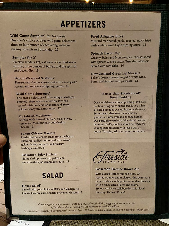 A menu that reads like a safari itinerary. From Wild Game Sampler to "Better-than-Sliced-Bread" Bread Pudding, indecision has never been so delicious.