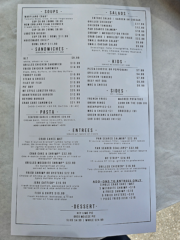 A menu that reads like seafood poetry—Maryland crab soup, lobster bisque, and those legendary crab cakes that make grown adults weep with joy.
