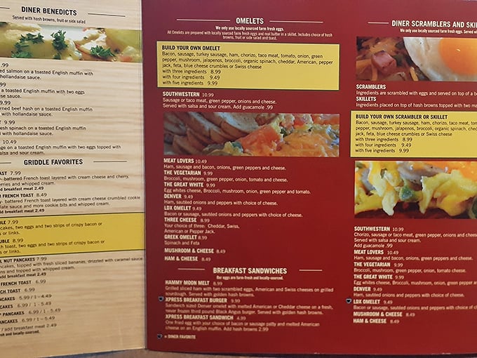 This menu isn't just reading material—it's a roadmap to happiness. The colorful omelet section alone deserves its own Wisconsin zip code. 