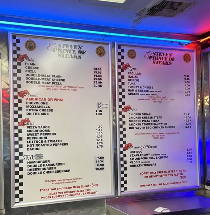 The illuminated menu glows like the tablets Moses brought down from the mountain, except these commandments are about cheese options and sandwich combinations.
