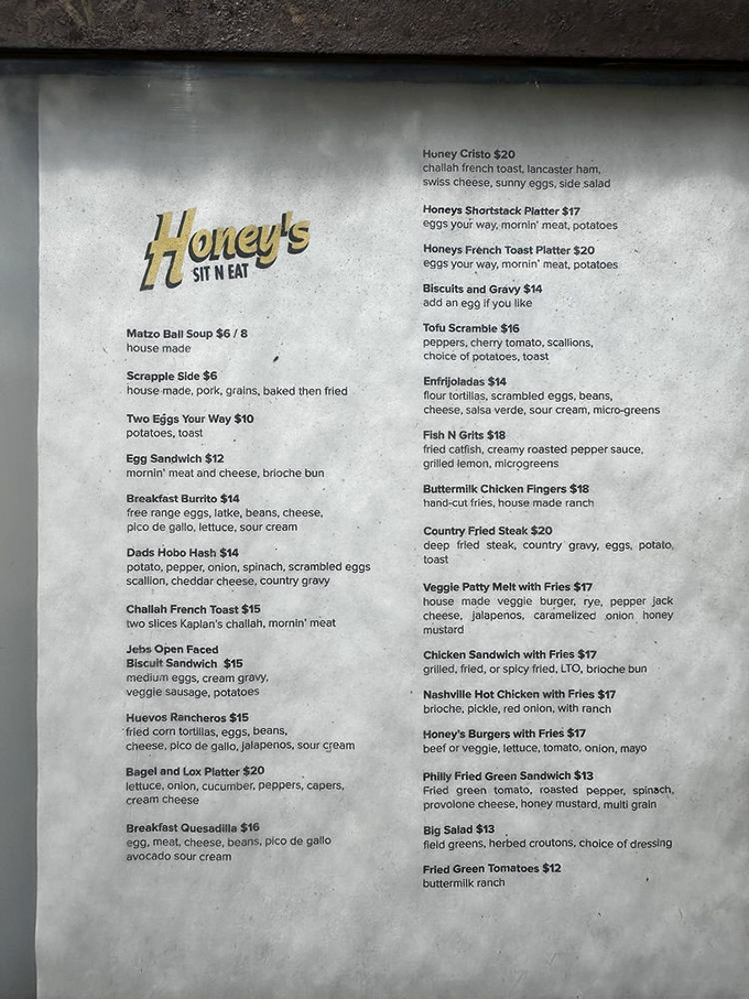 The menu at Honey's reads like a love letter to comfort food – where Jewish deli classics and Southern staples find harmony on the same delicious page.