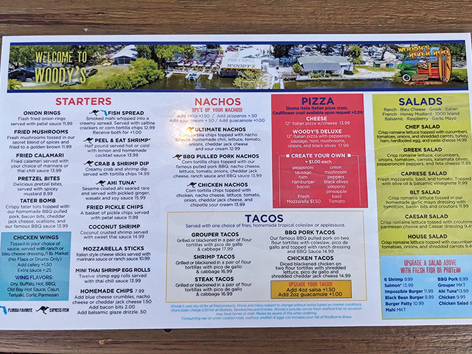 This menu isn't trying to impress food critics—it's trying to make you happy. And with grouper tacos, gator bites, and "Ahi Tuna," mission accomplished.