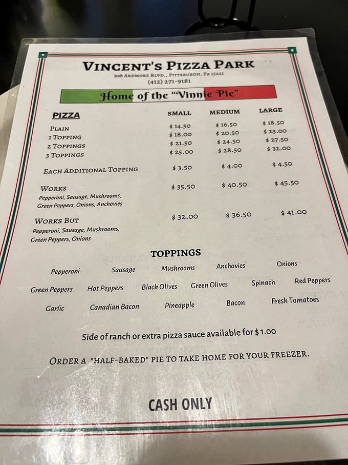 The menu is refreshingly straightforward—no artisanal nonsense here. Just honest pizza with toppings that don't require a culinary dictionary.