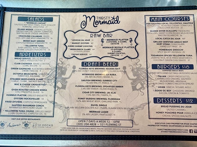 A menu that reads like poetry to seafood lovers. From yellowtail crudo to the Mermaid Royale Platter, each option promises an oceanic adventure.
