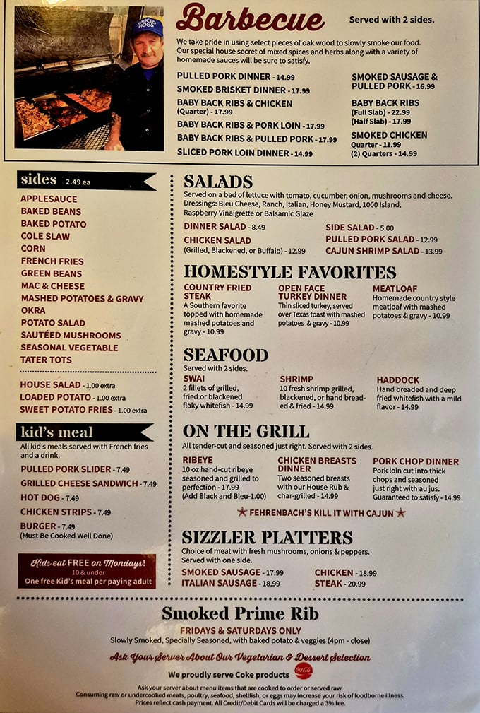 The menu reads like a love letter to smoked meats. Notice they don't waste precious space on fancy descriptions—they let the oak-smoked goodness speak for itself.