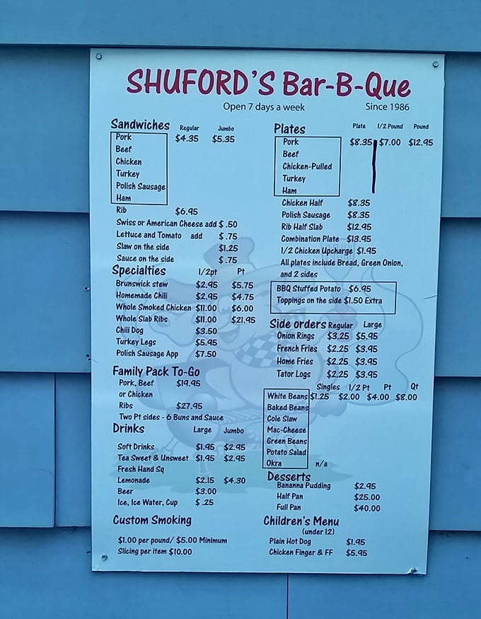 The straightforward menu board tells you everything you need to know: no fancy frills, just honest-to-goodness Southern barbecue classics done right.