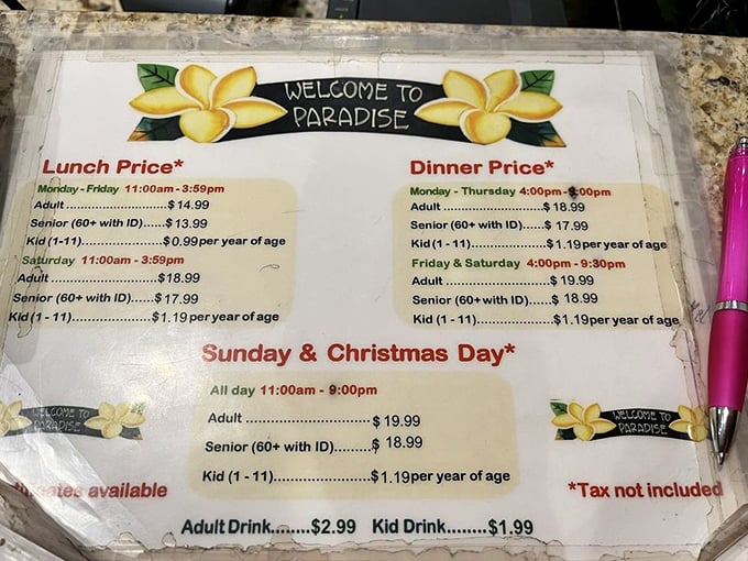 The menu board reveals the secret to happiness: reasonable prices and extended hours. Sunday brunch just found its new home.