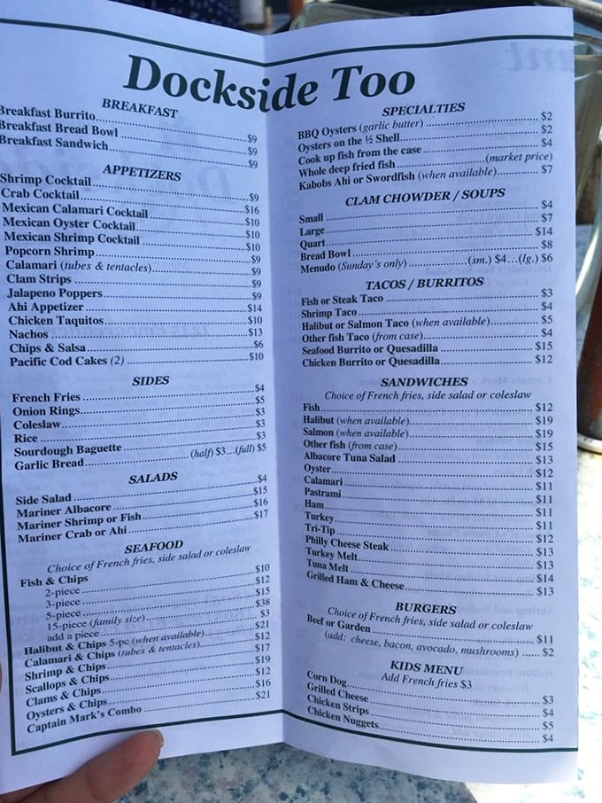 This menu reads like poetry to seafood lovers—a siren song of fish tacos, clam chowder, and seafood cocktails that would make Neptune himself place a to-go order.