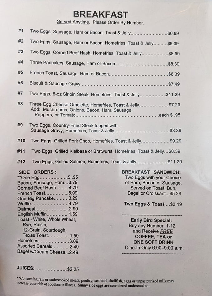 The numbered breakfast menu eliminates decision paralysis – just point, order, and prepare for comfort on a plate.