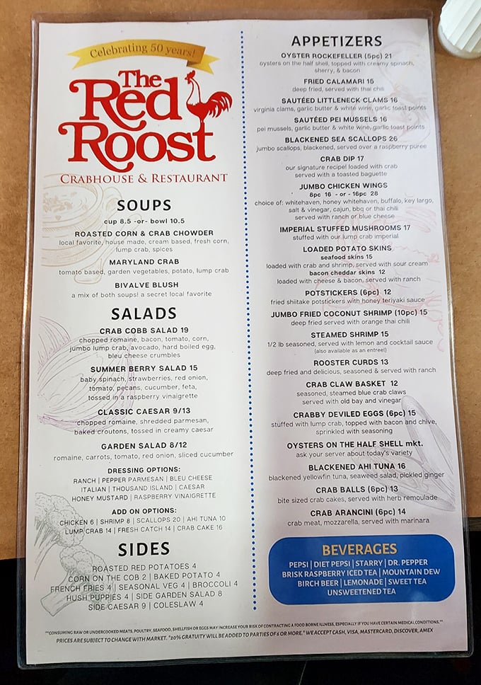 A menu that reads like a love letter to the Chesapeake Bay. Notice they don't waste precious space on kale smoothies.