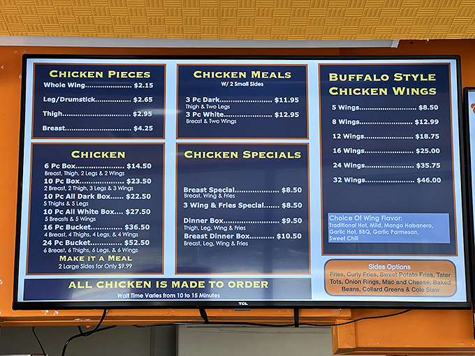 The menu board tells a story of chicken possibilities that would make Colonel Sanders nervously adjust his tie.