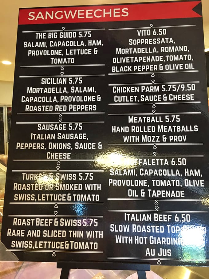 The "sangweeches" menu board—where life-changing decisions are made daily. That meatball sub is calling your name, can you hear it?