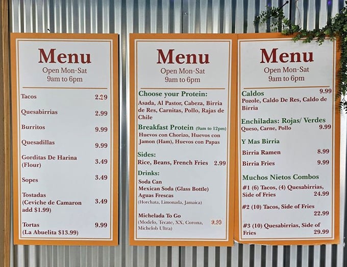 This no-nonsense menu board tells you everything you need to know—authentic Mexican fare without pretense, just pure deliciousness awaiting your order.